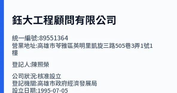 鈺大工程顧問有限公司的照片-統編 89551364(高雄市) 公司登記資料與營業項目詳細圖表
