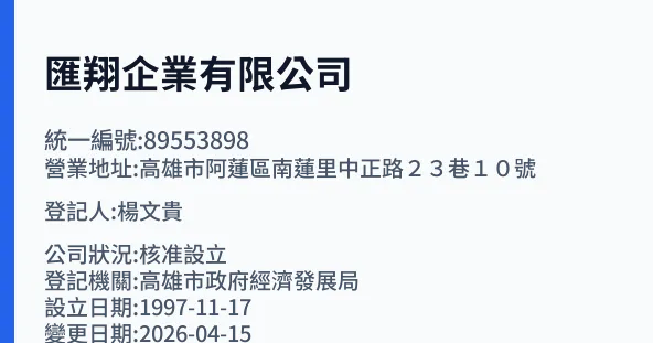 匯翔企業有限公司的照片-統編 89553898(高雄市) 公司登記資料與營業項目詳細圖表