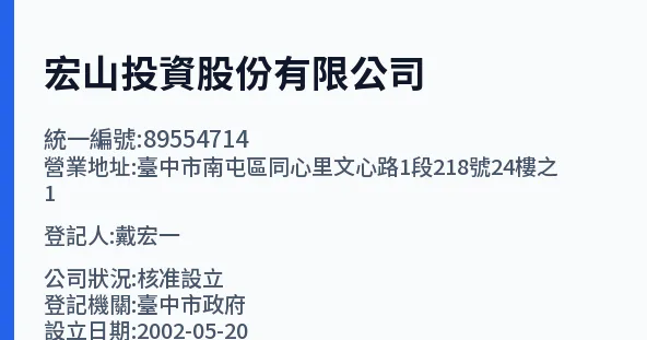 宏山投資股份有限公司的照片-統編 89554714(臺中市) 公司登記資料與營業項目詳細圖表