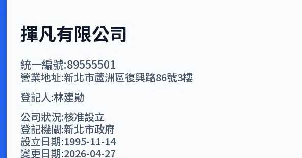 揮凡有限公司的照片-統編 89555501(新北市) 公司登記資料與營業項目詳細圖表