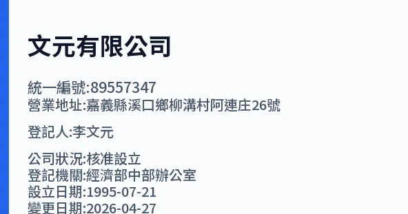 文元有限公司的照片-統編 89557347(嘉義縣) 公司登記資料與營業項目詳細圖表