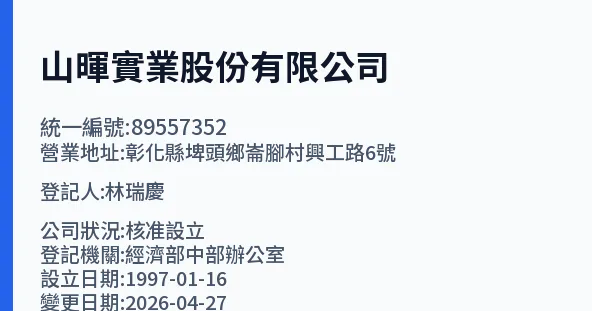 山暉實業股份有限公司的照片-統編 89557352(彰化縣) 公司登記資料與營業項目詳細圖表