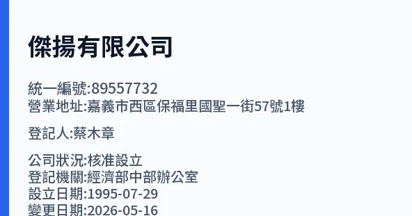 傑揚有限公司的照片-統編 89557732(嘉義市) 公司登記資料與營業項目詳細圖表