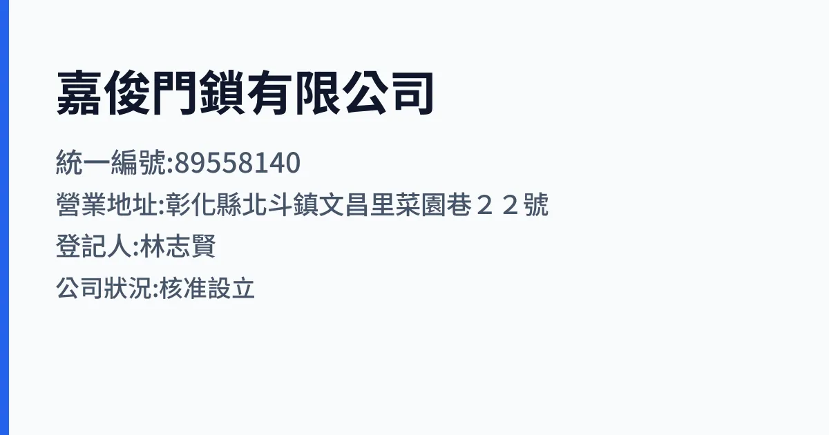 嘉俊門鎖有限公司 - 統編 89558140(彰化縣) 公司登記資料與營業項目詳細圖表