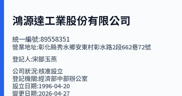 鴻源達工業股份有限公司的照片-統編 89558351(彰化縣) 公司登記資料與營業項目詳細圖表