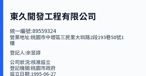 東久開發工程有限公司的照片-統編 89559324(桃園市) 公司登記資料與營業項目詳細圖表