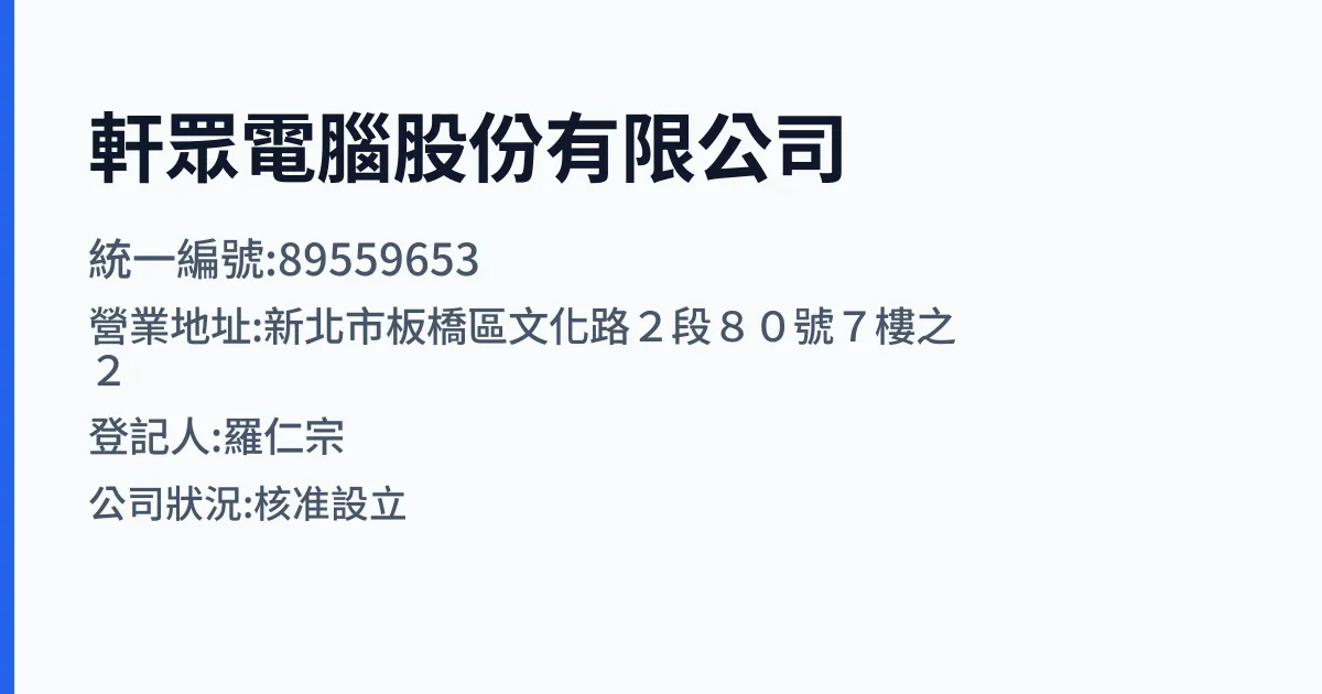 軒眾電腦股份有限公司 - 統編 89559653(新北市) 公司登記資料與營業項目詳細圖表