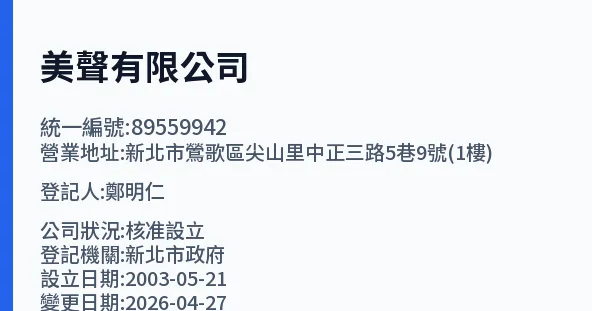 美聲有限公司的照片-統編 89559942(新北市) 公司登記資料與營業項目詳細圖表