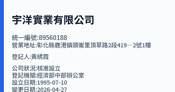 宇洋實業有限公司的照片-統編 89560188(彰化縣) 公司登記資料與營業項目詳細圖表