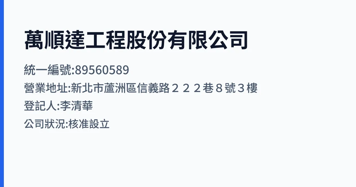 萬順達工程股份有限公司 - 統編 89560589(新北市) 公司登記資料與營業項目詳細圖表