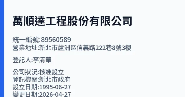 萬順達工程股份有限公司的照片-統編 89560589(新北市) 公司登記資料與營業項目詳細圖表