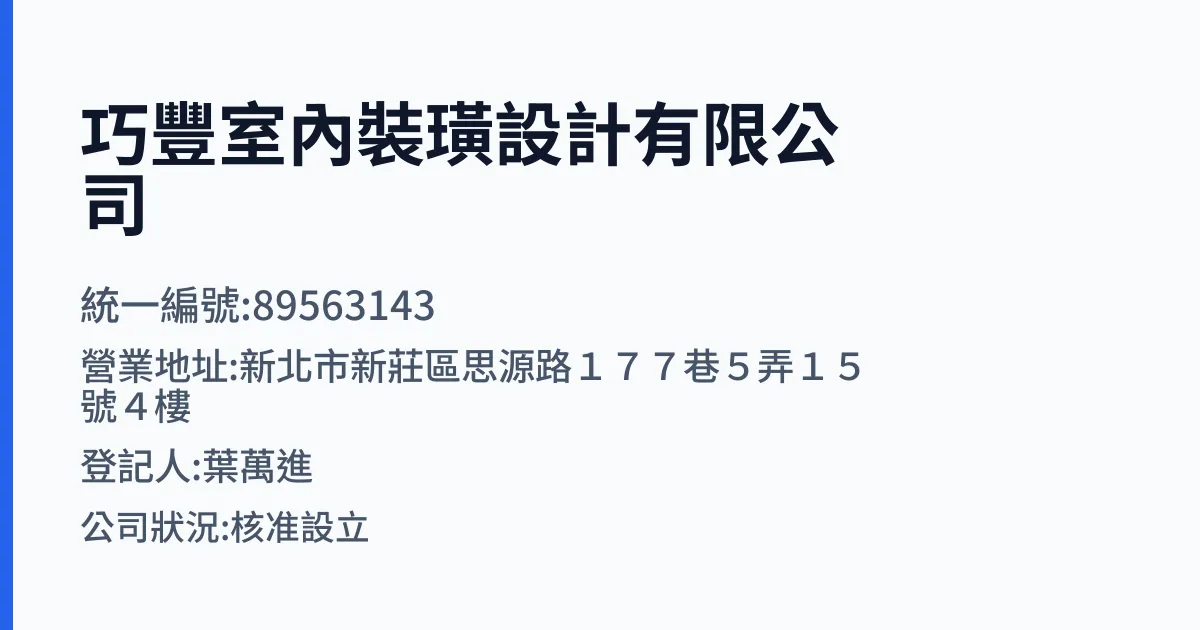 巧豐室內裝璜設計有限公司 - 統編 89563143(新北市) 公司登記資料與營業項目詳細圖表