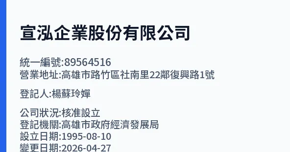宣泓企業股份有限公司的照片-統編 89564516(高雄市) 公司登記資料與營業項目詳細圖表