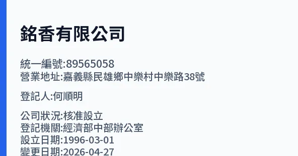 銘香有限公司的照片-統編 89565058(嘉義縣) 公司登記資料與營業項目詳細圖表