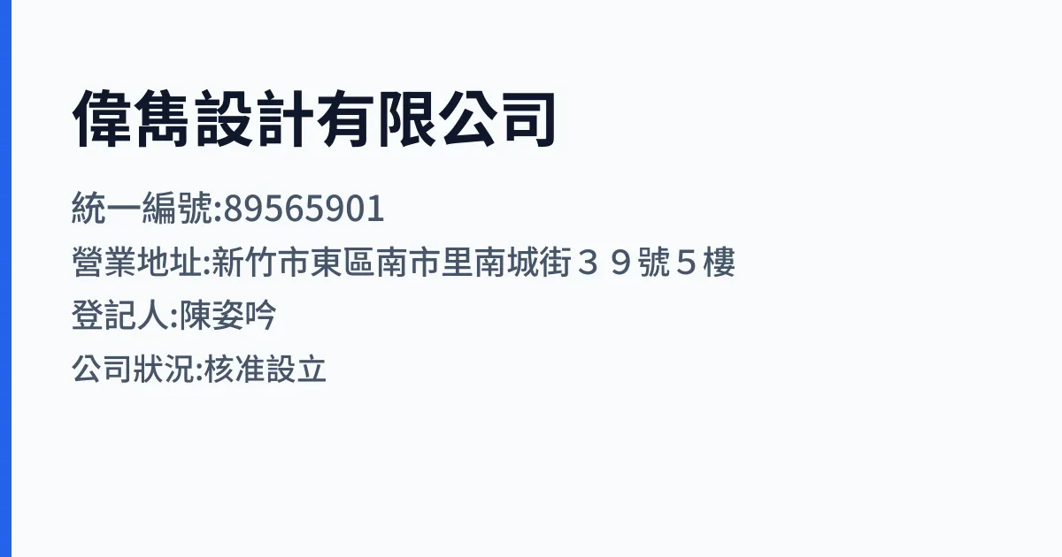 偉雋設計有限公司 - 統編 89565901(新竹市) 公司登記資料與營業項目詳細圖表
