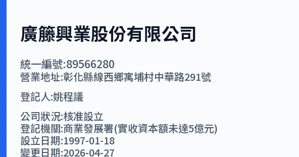 廣籐興業股份有限公司的照片-統編 89566280(彰化縣) 公司登記資料與營業項目詳細圖表