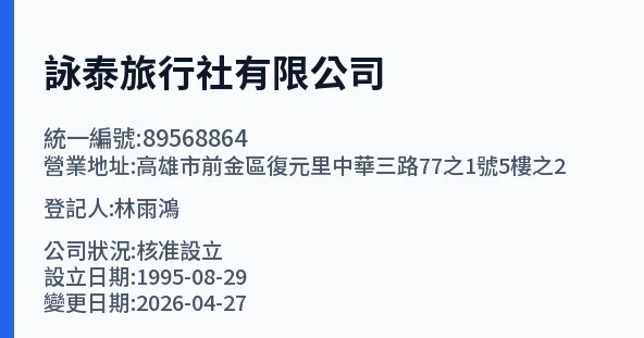 詠泰旅行社有限公司的照片-統編 89568864(高雄市) 公司登記資料與營業項目詳細圖表