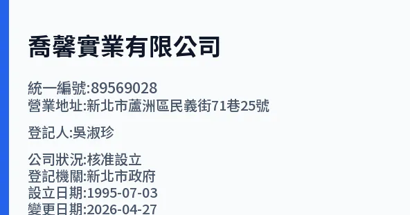 喬馨實業有限公司的照片-統編 89569028(新北市) 公司登記資料與營業項目詳細圖表