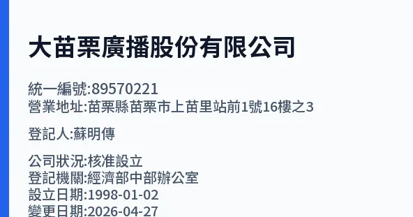 大苗栗廣播股份有限公司的照片-統編 89570221(苗栗縣) 公司登記資料與營業項目詳細圖表