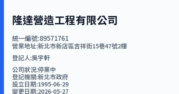 隆達營造工程有限公司的照片-統編 89571761(新北市) 公司登記資料與營業項目詳細圖表