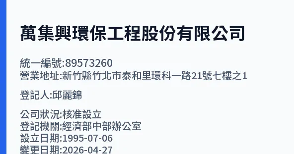 萬集興環保工程股份有限公司的照片-統編 89573260(新竹縣) 公司登記資料與營業項目詳細圖表