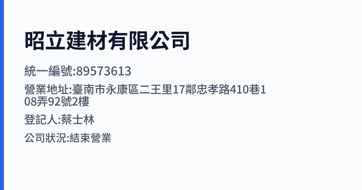 昭立建材有限公司 - 統編 89573613(臺南市) 公司登記資料與營業項目詳細圖表