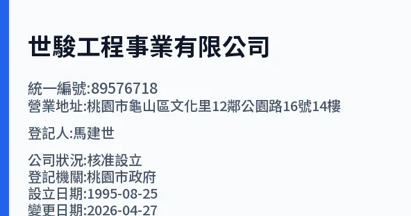 世駿工程事業有限公司的照片-統編 89576718(桃園市) 公司登記資料與營業項目詳細圖表