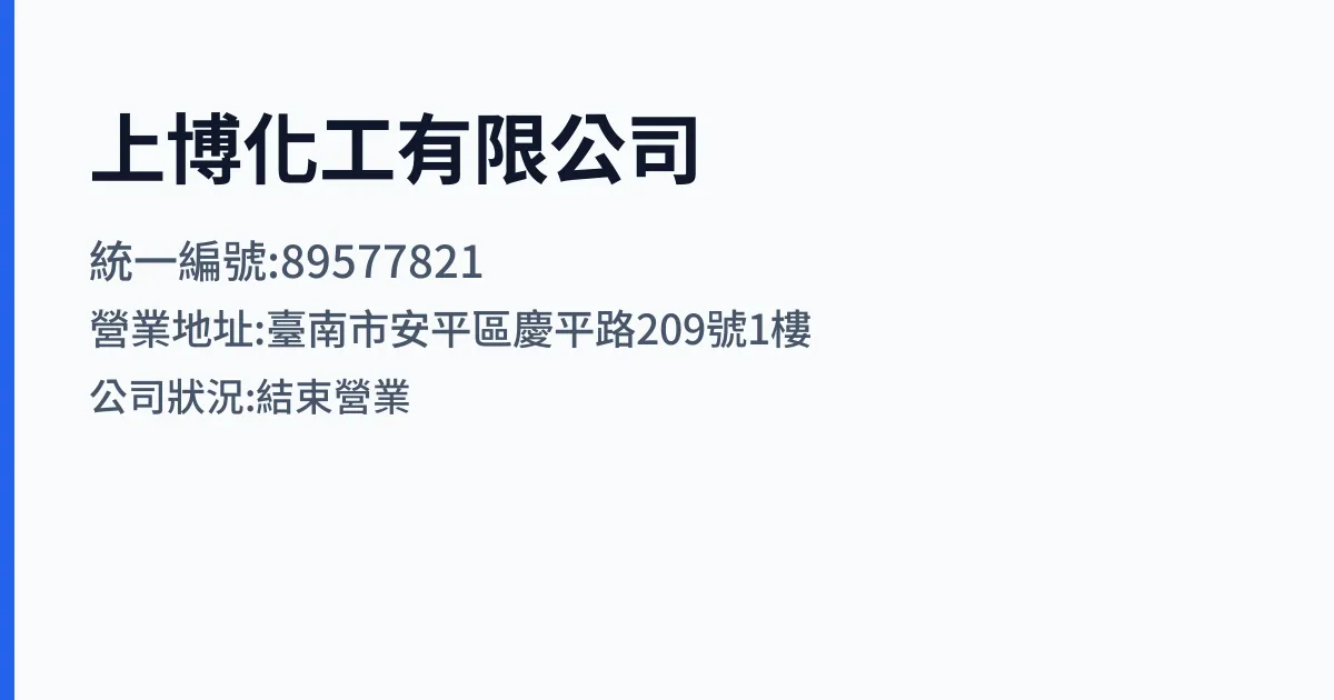 上博化工有限公司 - 統編 89577821(臺南市) 公司登記資料與營業項目詳細圖表