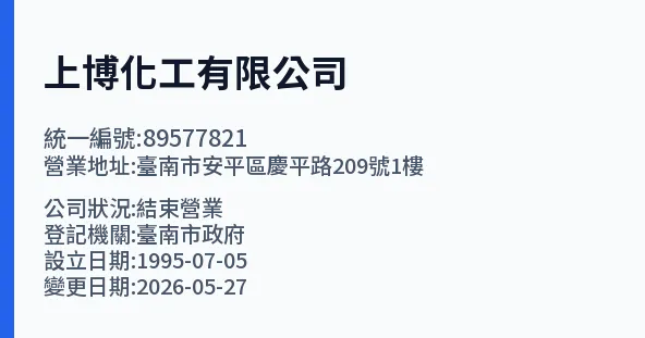 上博化工有限公司的照片-統編 89577821(臺南市) 公司登記資料與營業項目詳細圖表