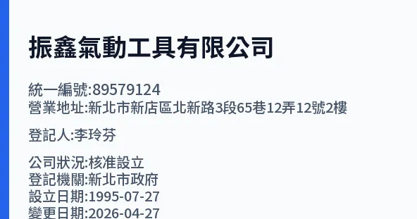 振鑫氣動工具有限公司的照片-統編 89579124(新北市) 公司登記資料與營業項目詳細圖表