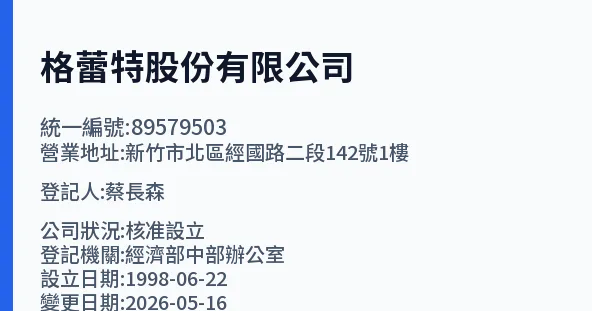 格蕾特股份有限公司的照片-統編 89579503(新竹市) 公司登記資料與營業項目詳細圖表