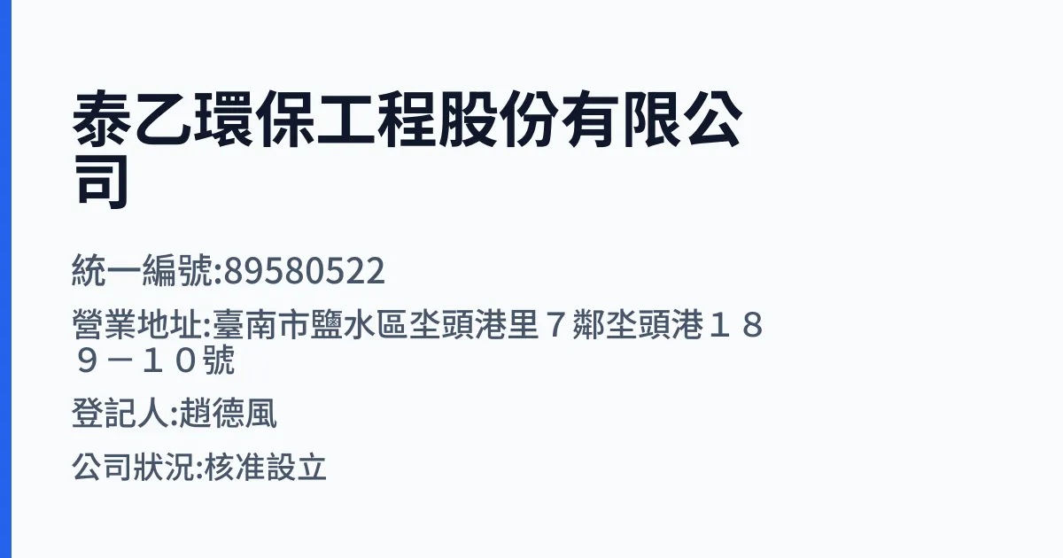 泰乙環保工程股份有限公司 - 統編 89580522(臺南市) 公司登記資料與營業項目詳細圖表