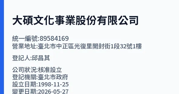 大碩文化事業股份有限公司的照片-統編 89584169(臺北市) 公司登記資料與營業項目詳細圖表