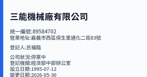 三能機械廠有限公司的照片-統編 89584702(嘉義市) 公司登記資料與營業項目詳細圖表