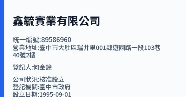 鑫毓實業有限公司的照片-統編 89586960(臺中市) 公司登記資料與營業項目詳細圖表