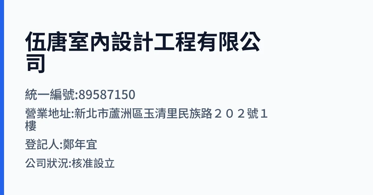 伍唐室內設計工程有限公司 - 統編 89587150(新北市) 公司登記資料與營業項目詳細圖表