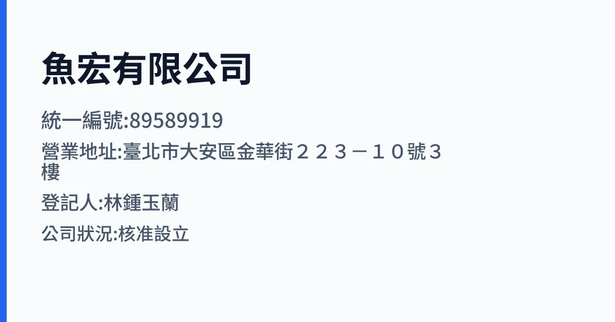 魚宏有限公司 - 統編 89589919(臺北市) 公司登記資料與營業項目詳細圖表