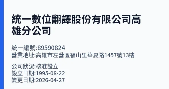統一數位翻譯股份有限公司高雄分公司的照片-統編 89590824(高雄市) 公司登記資料與營業項目詳細圖表