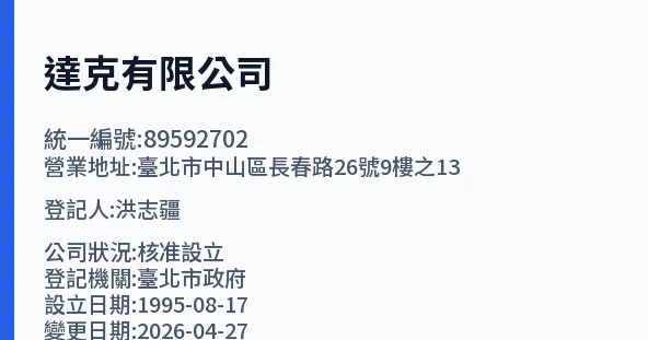 達克有限公司的照片-統編 89592702(臺北市) 公司登記資料與營業項目詳細圖表