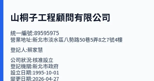 山桐子工程顧問有限公司的照片-統編 89595975(新北市) 公司登記資料與營業項目詳細圖表