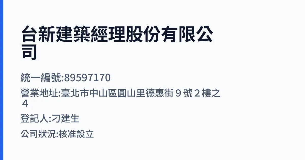 台新建築經理股份有限公司 - 統編 89597170(臺北市) 公司登記資料與營業項目詳細圖表
