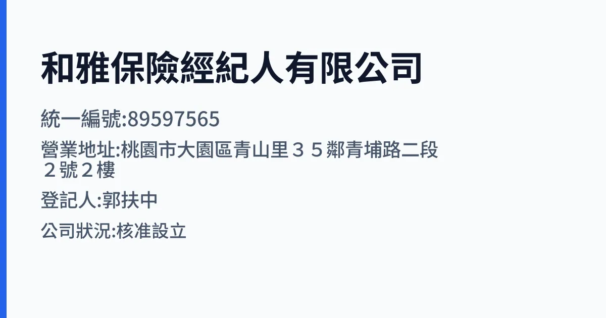 和雅保險經紀人有限公司 - 統編 89597565(桃園市) 公司登記資料與營業項目詳細圖表