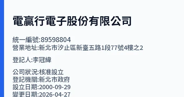 電贏行電子股份有限公司的照片-統編 89598804(新北市) 公司登記資料與營業項目詳細圖表