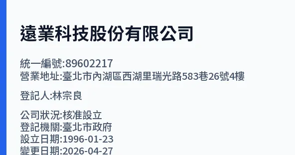 遠業科技股份有限公司的照片-統編 89602217(臺北市) 公司登記資料與營業項目詳細圖表
