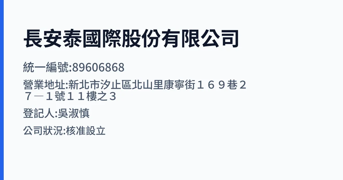 長安泰國際股份有限公司 - 統編 89606868(新北市) 公司登記資料與營業項目詳細圖表