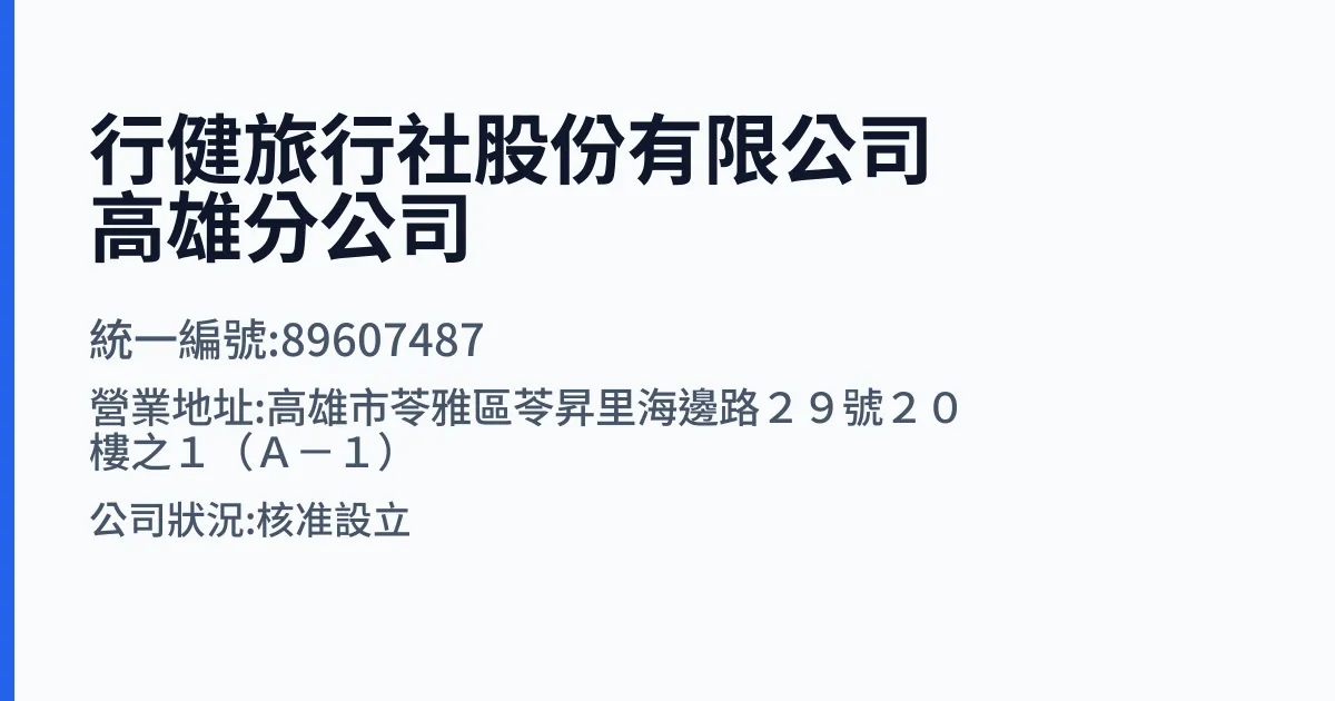 行健旅行社股份有限公司高雄分公司 - 統編 89607487(高雄市) 公司登記資料與營業項目詳細圖表