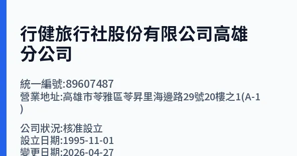 行健旅行社股份有限公司高雄分公司的照片-統編 89607487(高雄市) 公司登記資料與營業項目詳細圖表
