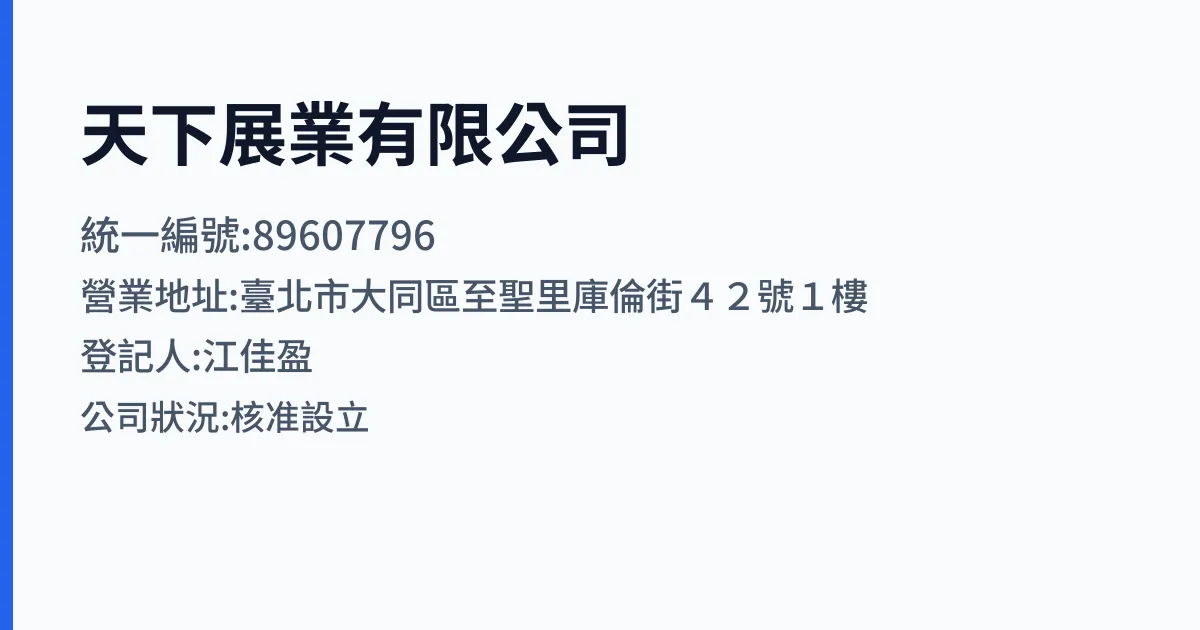 天下展業有限公司 - 統編 89607796(臺北市) 公司登記資料與營業項目詳細圖表