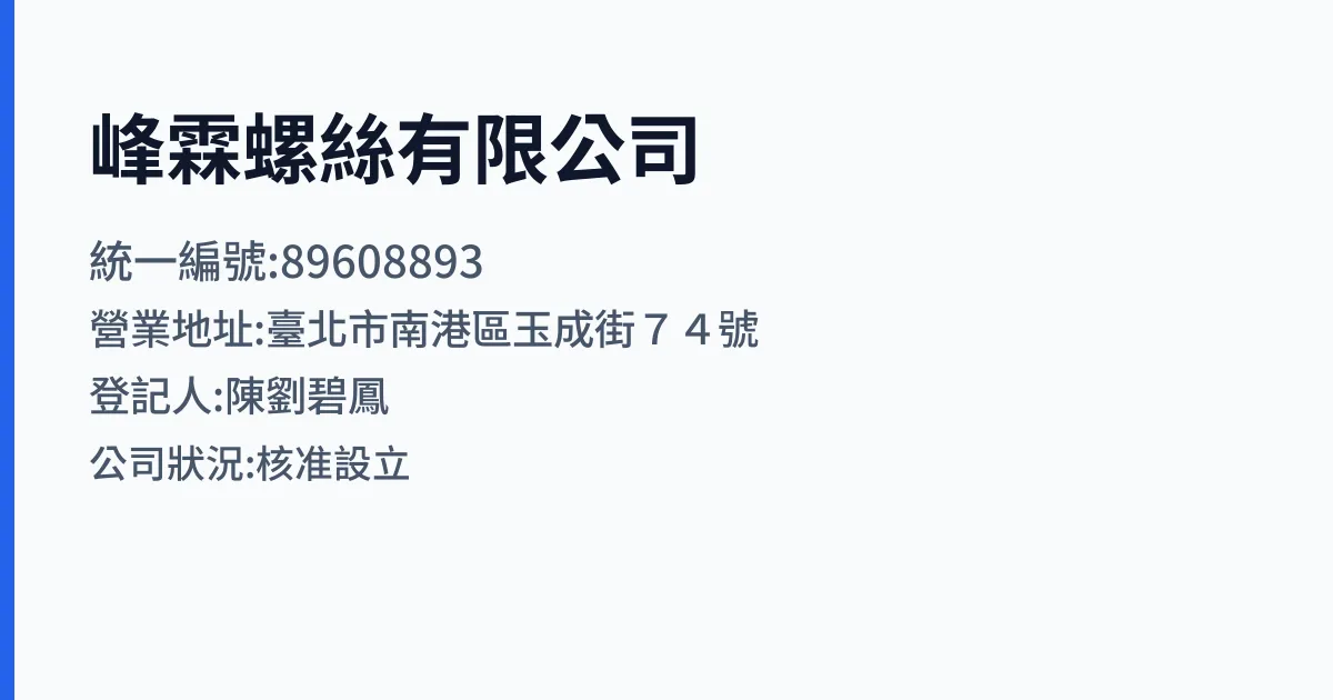 峰霖螺絲有限公司 - 統編 89608893(臺北市) 公司登記資料與營業項目詳細圖表