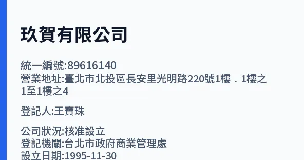 玖賀有限公司的照片-統編 89616140(臺北市) 公司登記資料與營業項目詳細圖表